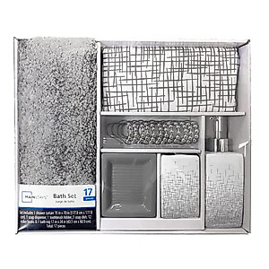 FamiPod Shower Curtain Liner Gray, 17-Piece Gray Weave Polyester/Ceramic Bathroom Accessory Set