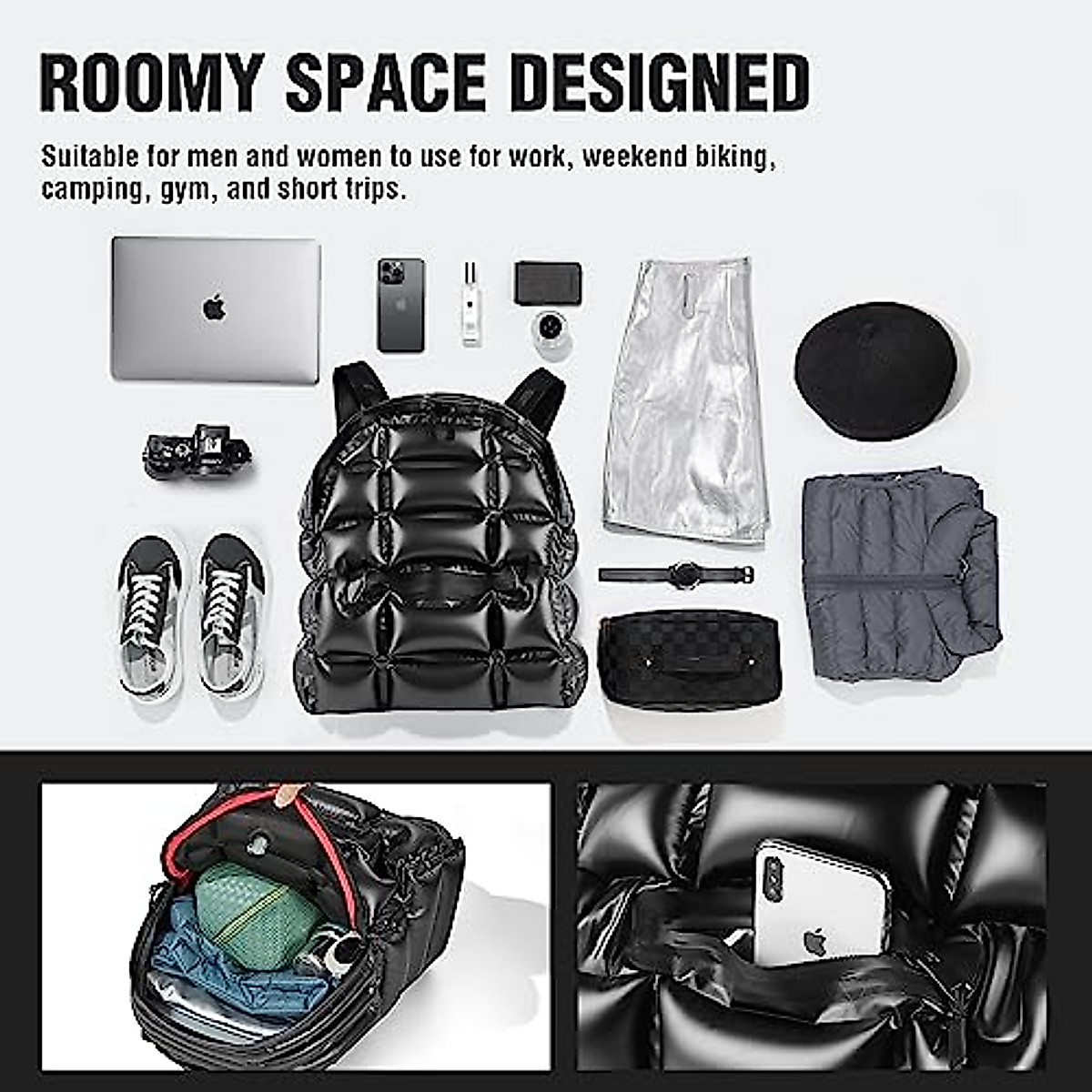 BUTI4WLD Puffer Backpack Travel Gym Bag Fashion Inflatable Designed Waterproof Backpack and Lightweight with Large Capacity Backpack for Women and Men, Black