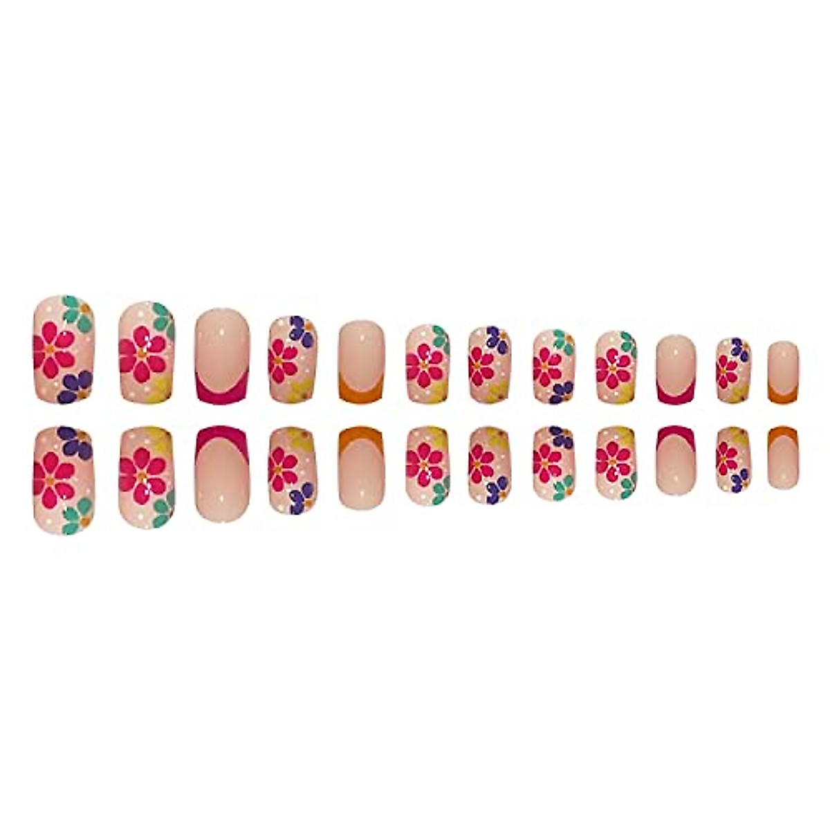 24Pcs Press on Nails Short French Fake Nails Acrylic Square Nude Pink False Nails with Flower Designs Full Cover Stick on Nails Glue on Nails for Women and Girls