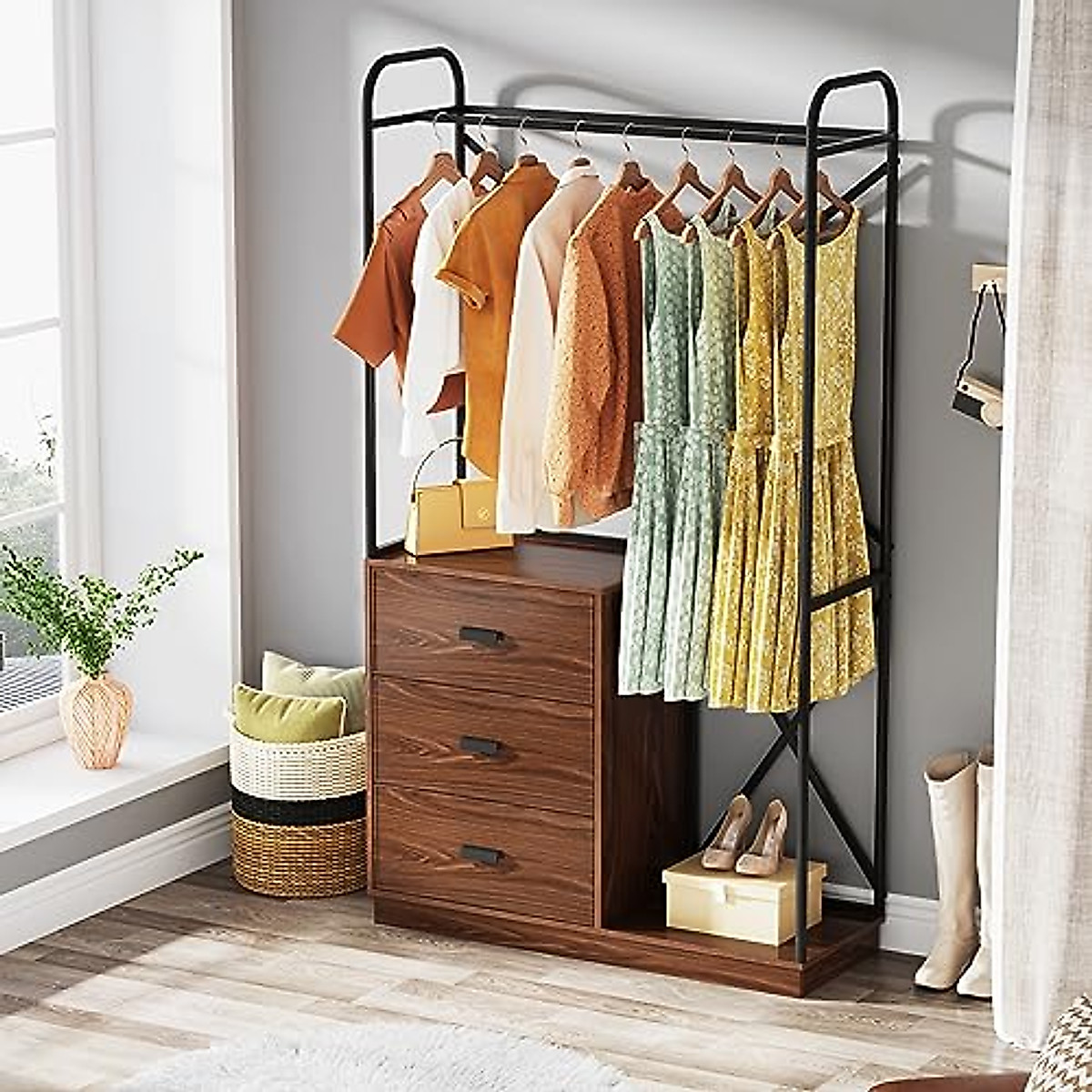 Tribesigns Freestanding Clothes Rack with 3 Drawers, Industrial Garment Rack Wardrobe Closet with Hanging Rod, Heavy Duty Wood Closet Organizer for Bedroom