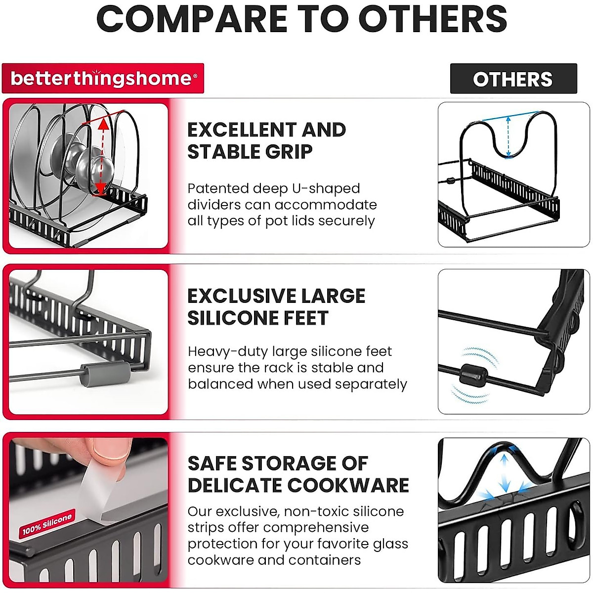 Better Things Home Expandable Pot and Pan Organizer Rack for Cabinet, Pot Lid Organizer Holder with 10 Adjustable Dividers, Anti-Scratch Padding - For Baking Sheet Organizer, Frying Pan Storage (Grey)