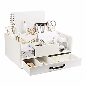 White Wooden Large Desk Organizer with Drawer - Office Supplies Desk Organizer for Desk - Desktop Organization - Office Desk Accessories and Organizer - Home Office Desk Organizer - White Wood