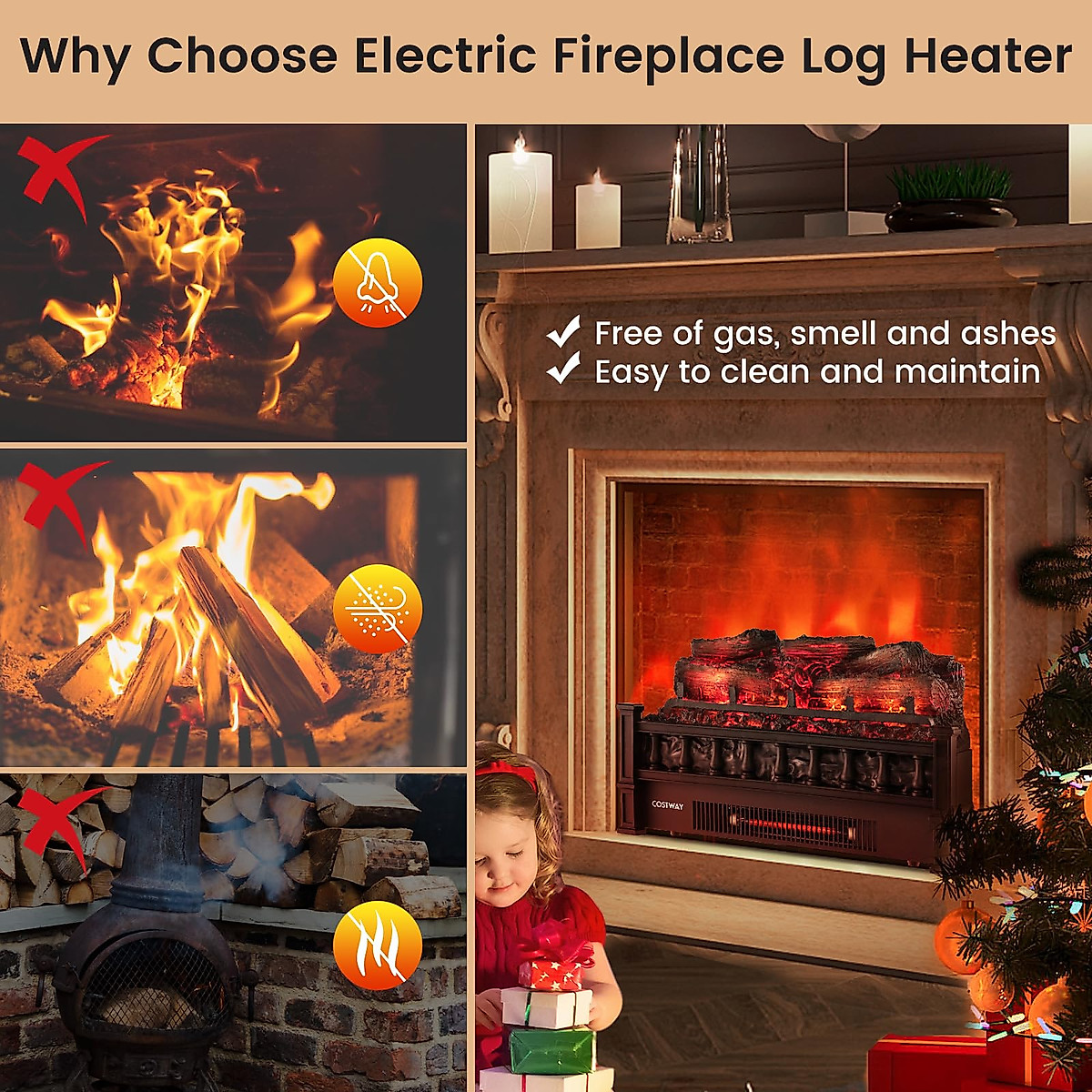 ORALNER Electric Fireplace Insert Logs, 20-Inch Infrared Quartz Fake Fireplace Heater, Realistic Birchwood Logs, Adjustable Temperature, Overheat Protection, 1500W, Black