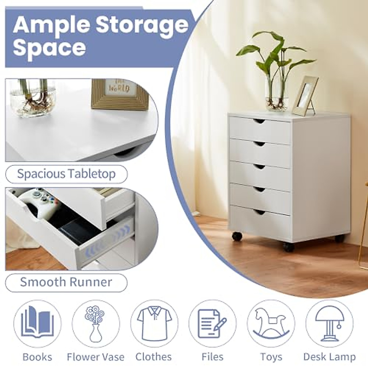 NEWBULIG 5 Drawer Storage Organizer, Wood File Cabinets with Wheels, Large Printer Stand for Home Office Study Dressing Room