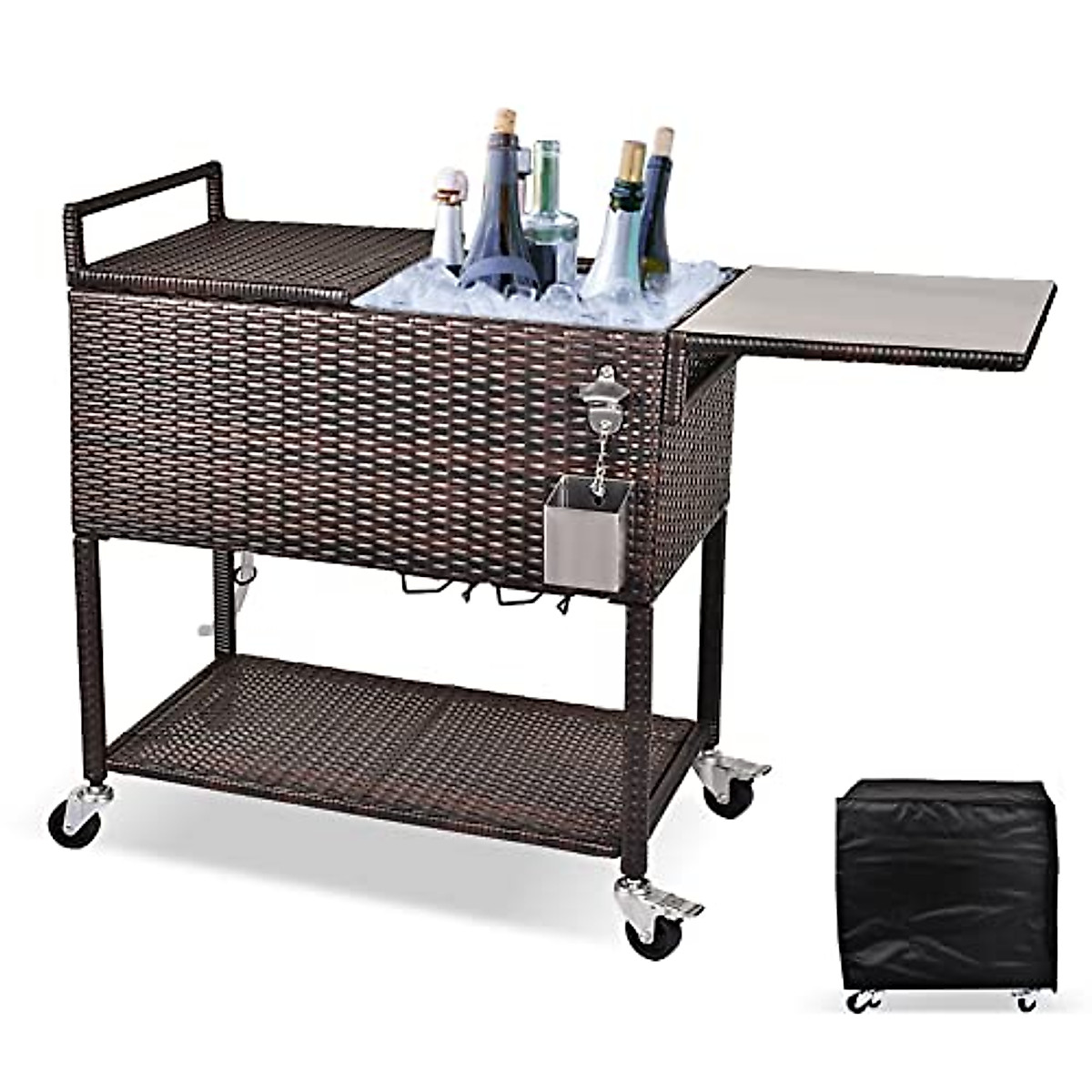 OKIDA Rolling Wicker Cooler Cart Outdoors, 80 Quart Ice Chest with Bottle Opener, Portable Beverage Bar for Patio Pool Party, Rattan Cooler Trolley with Stainless Cutting Board and Waterproof Cover