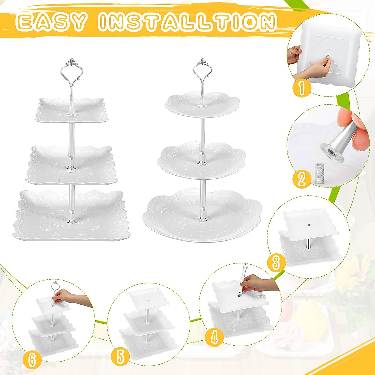 Zhehao 15 Pcs Dessert Table Display Set Tiered Cupcake Stands Serving Tray Plastic 2 Tier 3 Tier Cake Stands Round Cake Stand Candy Fruit Display Tower for Wedding Birthday Party (Silver, White)