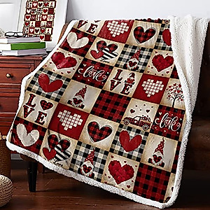 Sherpa Throw Blanket Red Buffalo Plaid,Soft Cozy Blankets Love Gnome Mother's Day,Romantic Thick Reversible Fleece Flannel Plush Microfiber Throws for Couch Bed Sofa Wedding