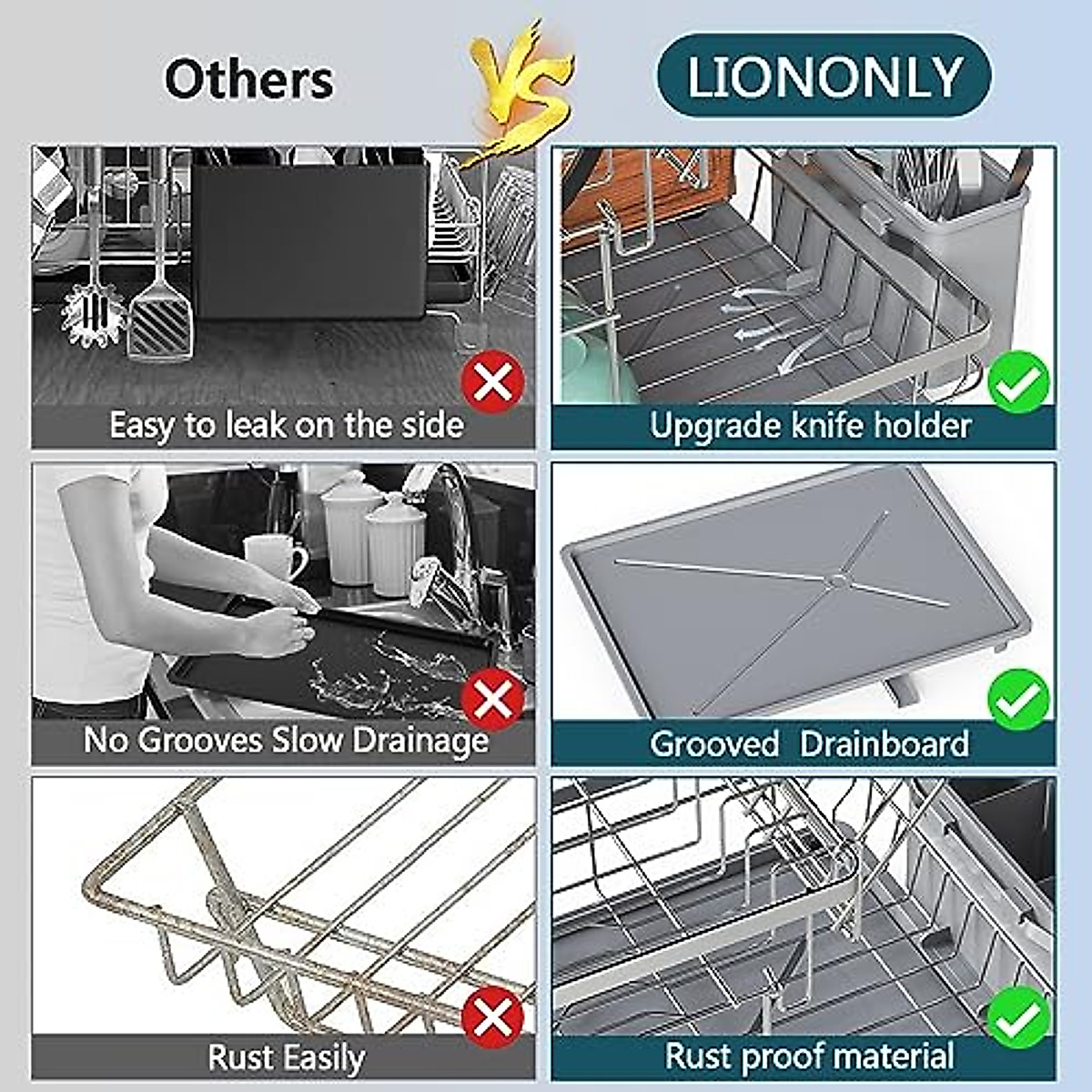 LIONONLY Dish Drying Rack 2 Tier, Dish Rack with Drainboard, Durable Stainless Steel Dish Racks for Kitchen Counter,Detachable Kitchen Dish Rack Dish Strainer Rack for Dishes, Knives, Spoons, Forks