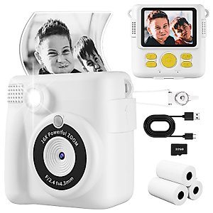 Instant Print Camera, Kids Camera 1080P HD Digital Camera with 32G SD Card, 3 Rolls Photo Paper & 6 Color Pencils for Age 6-12 Boys and Girls Birthday Gifts Photo and Video Recording