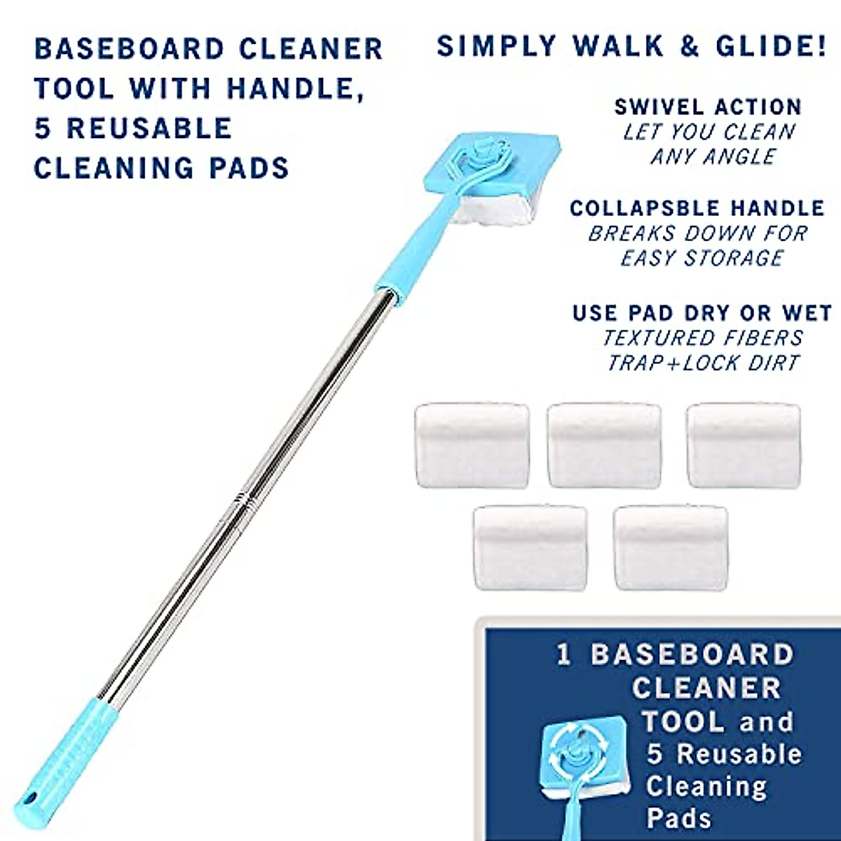 Baseboard Cleaner Tool with Handle 5 Reusable Cleaning Pads by No-Bending Mop Baseboard Cleaner Tool Long Handle Baseboard Cleaner tool for cleaning skirting boards and moldings,Baseboard Mop