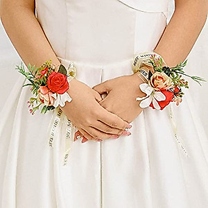 Campsis Wedding Bridal Handmade Wrist Flower Corsage Red Leave Ribbon Hand Flower Bride Bridesmaid Wristlet for Prom Party Beach Photography 2PCS