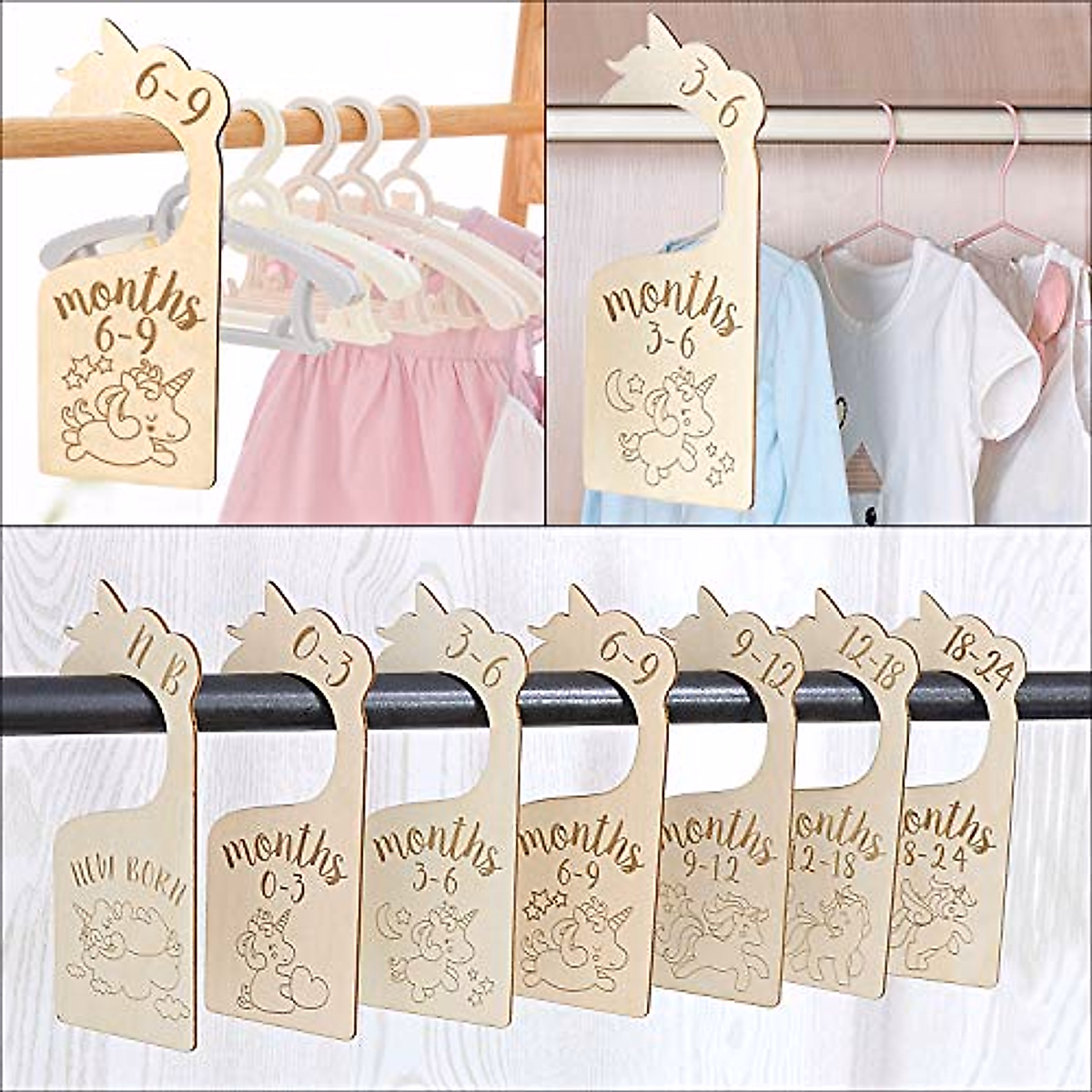 Unicorn Baby Closet Divider,NB to 24 Months 7 Sets of Wood Baby Cloth Organizer by Age and Size Nursery Infant Wardrobe Divider Gift for Newborn Baby Shower (Cartoon)