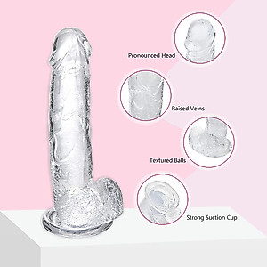 Long Thin Dildo Realistic Dildo Stimulator- Big Dildos with Suction Cup Adult Sex Toy for Women/Men/Gay, Flexible Clear with Curved Shaft & Balls for Vaginal G-Spot &Anal
