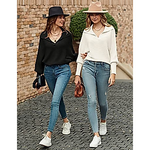 MEROKEETY Women's Batwing Long Sleeve V Neck Pullover Sweaters Foldover Collared Casual Knit Jumper Tops Black