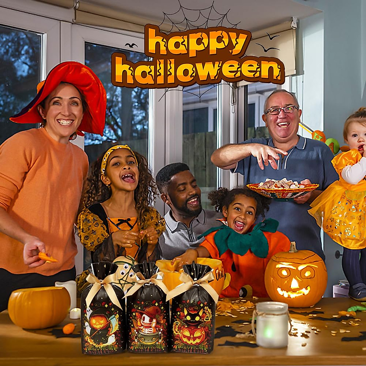 JOINDO 50 pcs Halloween Treat Bags for Candy, 6x9 Drawstring Candy Bags for Party Favor, Stand up Halloween Goodie Bags (Dark Flame Halloween Series)