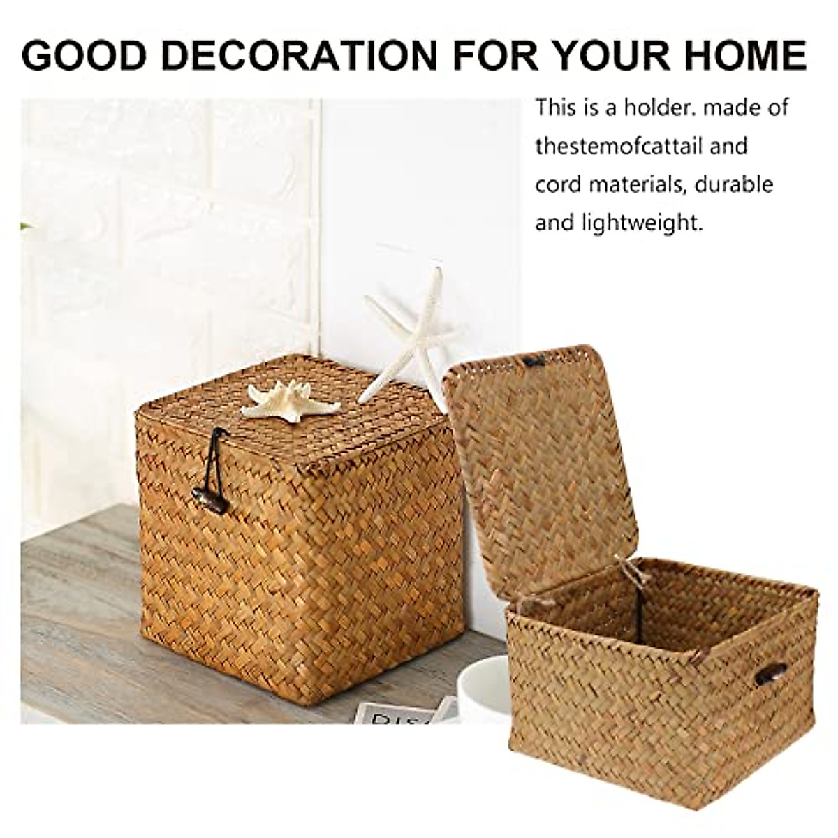 DOITOOL Straw Rattan Storage Basket With Lid Square Wicker Storage Bins Tea Storage Box With Cover Organizer Home Decoration (Large)