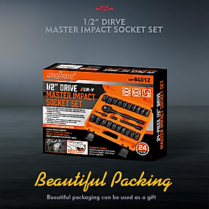 HORUSDY 1/2" Drive Impact Socket Set, 24-Piece Shallow Standard SAE (7/16"-1") and Metric (13-24mm) Size, 6 Point, Cr-V, with 1/2-Inch Drive Ratchet Handle, Drive Extension Bar