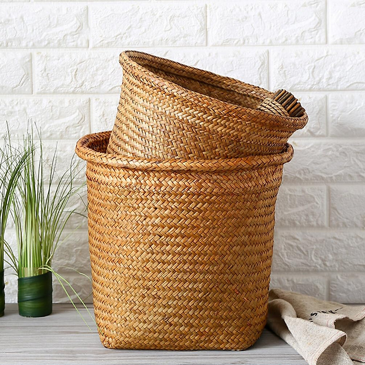 ABOOFAN Wicker Waste Basket Straw Woven Trash Can Rustic Garbage Container Bin Flower Basket for Bathroom Kitchen Home Office M