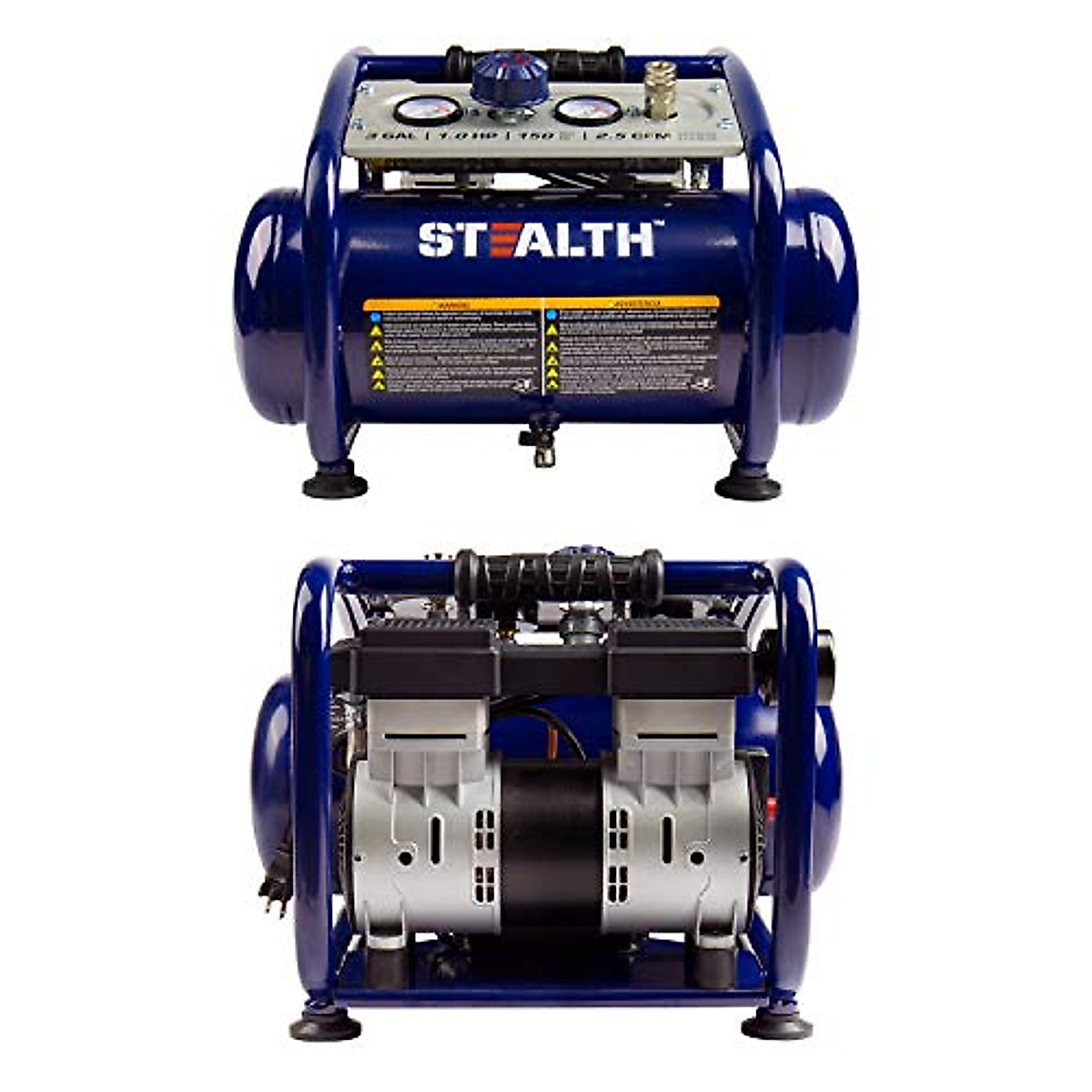 Stealth Portable Ultra Quiet 3 Gallon 1 Horsepower Oil-Free Pump Air Compressor 2.5 CFM @ 90 PSI Electric Air Compressor, Max 150 PSI Portable Air Compressor for Garage Innovation Work SAQ-1301 Blue