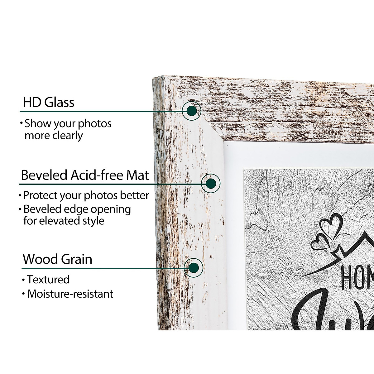 Califortree Rustic White 5x7 Picture Frame - Display Photos 4x6 with Mat or 5x7 Without Mat - Real Glass Frames for Wall and Tabletop - Set of 2