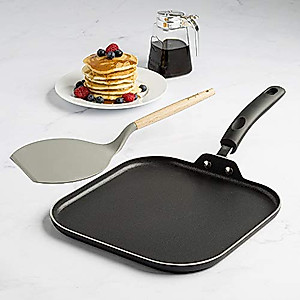 Goodful Aluminum Non-Stick Square Griddle Pan/Flat Grill, Made Without PFOA, with Nylon Pancake Turner, Dishwasher Safe Cookware, 11" x 11", Charcoal Gray