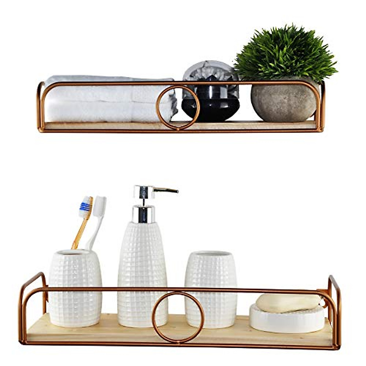 DUCIHBA Set of 2 (Large & Small) Wall Mount Floating Shelves Storage Organize Decorate Display for Nursery Living Kitchen Bedroom Bathroom, Torched Wood with Metal Railing_ Natural Beige & Golden