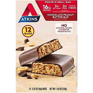 Atkins Chocolate Peanut Butter Protein Meal Bar, High Fiber, 16g Protein, 2g Sugar, 3g Net Carb, Meal Replacement, Low Carb, Keto Friendly, 12 Count