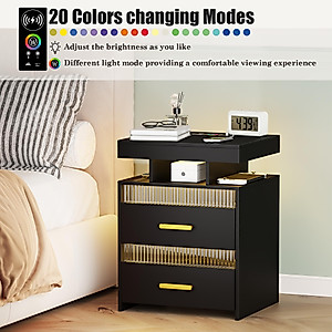 Nightstand with Charging Station and LED Lights, Night Stand with 2 Drawers, Wood Smart Bedside Table, Modern Bed Side Table for Bedroom, Black
