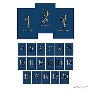 Andaz Press Table Numbers 1 - 20, Gold Glitter Print, 4X6-Inch Single-Sided Cardstock Sign, Navy Blue, 1-Set Navy Blue Table Numbers For Weddings Reception Cardstock Table Numbers Blue