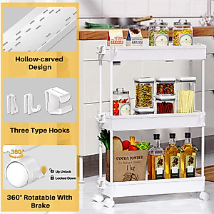 SPACEKEEPER Slim Rolling Storage Cart, Laundry Room Organization, 3 Tier Mobile Shelving Unit Bathroom Organizer Storage Rolling Utility Cart for Kitchen Bathroom Laundry Narrow Places(White)