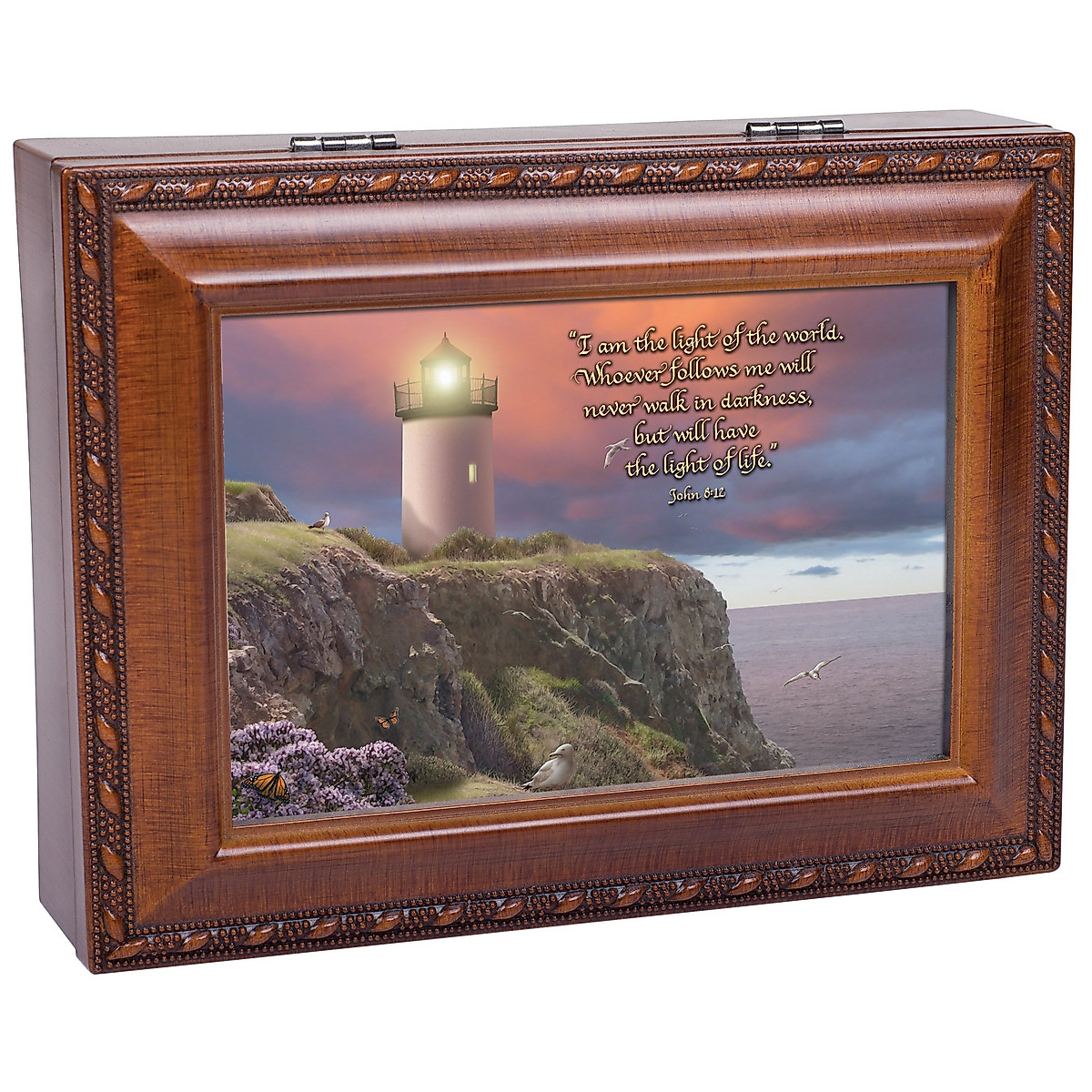 Cottage Garden I Am The Light of The World Woodgrain Rope Trim Jewelry Music Box Plays Friend in Jesus