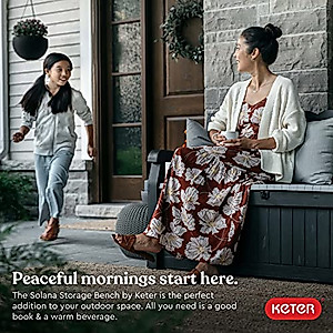 Keter Solana 70 Gallon Storage Bench Deck Box Grey & Westwood 150 Gallon Resin Large Deck Box-Organization and Storage for Patio Furniture Outdoor Cushions Garden Tools and Pool Toys Brown