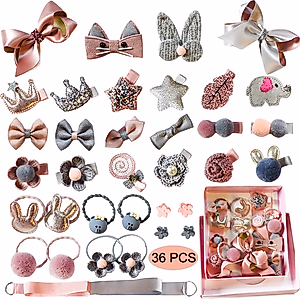 Baby Girl's Hair Clips Cute Hair Bows Baby Elastic Hair Ties Hair Accessories Ponytail Holder Hairpins Set For Baby Girls Teens Toddlers, Assorted styles, 36 pieces Pack(Pink+Grey)