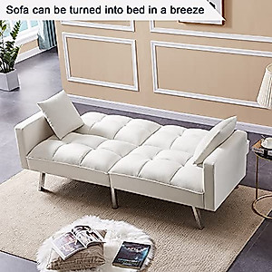 Velvet Convertible Futon Sofa Bed with Two Pillows, Modern Upholstered Sleeper Sofa Couch with 3 Adjustable Backrests and 6 Solid Metal Legs, Twin Size Loveseat Recliner for Living Room (Off White)