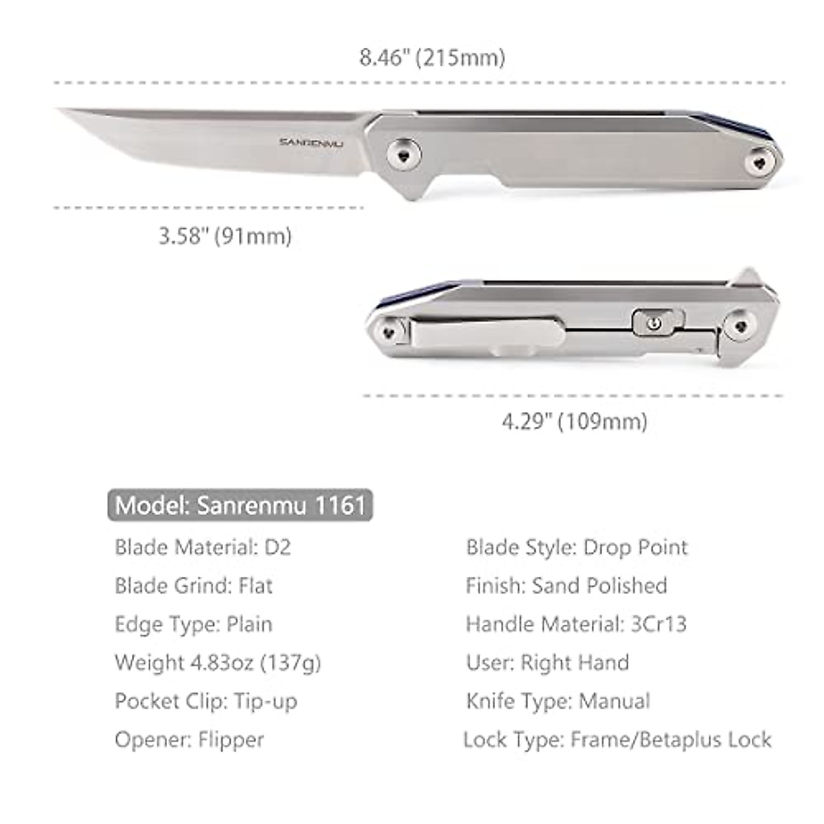 Sanrenmu 1161 EDC Pocket Folding Knife D2 Tanto Blade Survival Knife Frame Lock