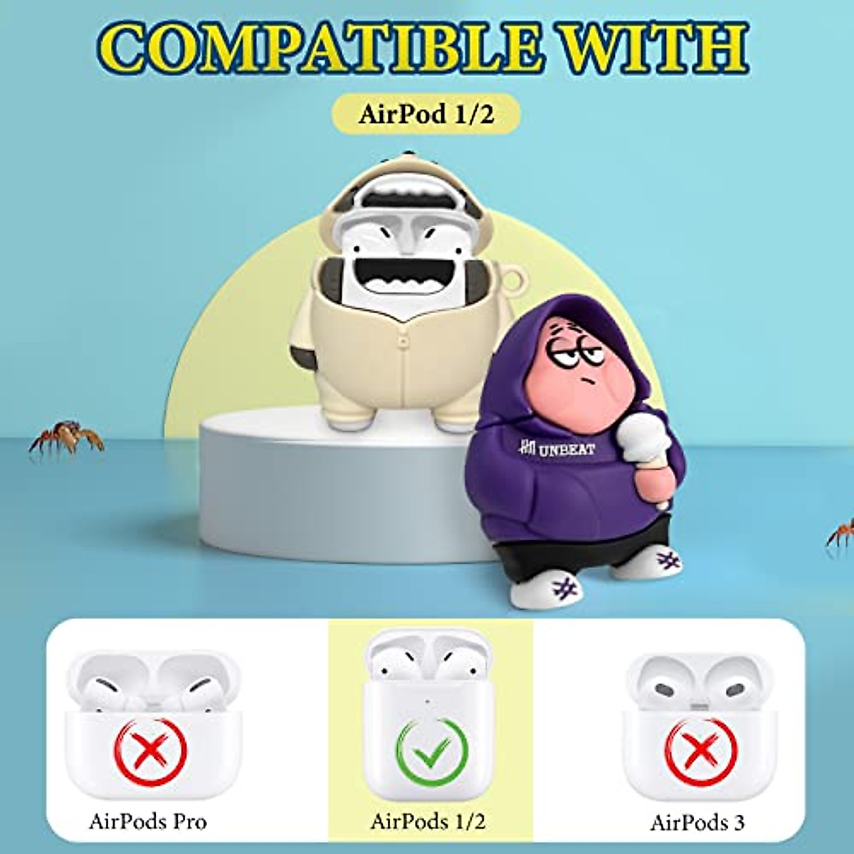 3 Pack Cute Cartoon Character AirPods Case for AirPod 2/1,3D Kawaii AirPod Case 2nd Generation,Funny Fun Cartoon Cool Soft Silicone Protective Cover for Apple Airpods Case with Keychain for Women Men