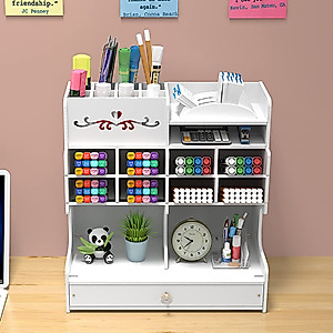 White Pen Organizer with Drawer, DIY Pencil Holder Desk Tidy Caddy Office Stationery Desktop Organizer for Home, Office and School(PB18-1-White)