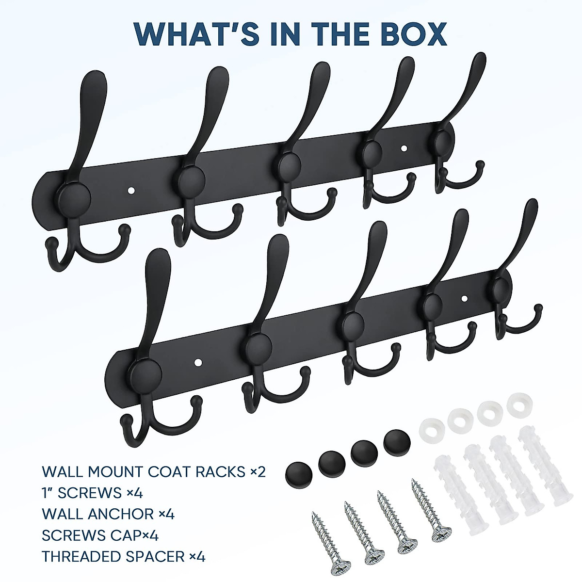 TICONN Wall Mounted Coat Rack, Five Heavy Duty Tri Hooks All Metal Construction for Jacket Coat Hat in Mudroom Entryway (Matte Black, 2-Pack)