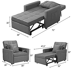 HOMEER Convertible Chair Bed, 3-in-1 Sleeper Chair Bed with Adjustable Backrest, Pull Out Folding Sofa Chair Bed, Modern Single Armchair Sofa Bed(Modern Grey)