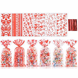 Boerni Valentine Cellophane Plastic Candy Cookie Treat Goodies Gift Heart Bags 120pcs And Gold Twist Ties for Valentine Party Supplies