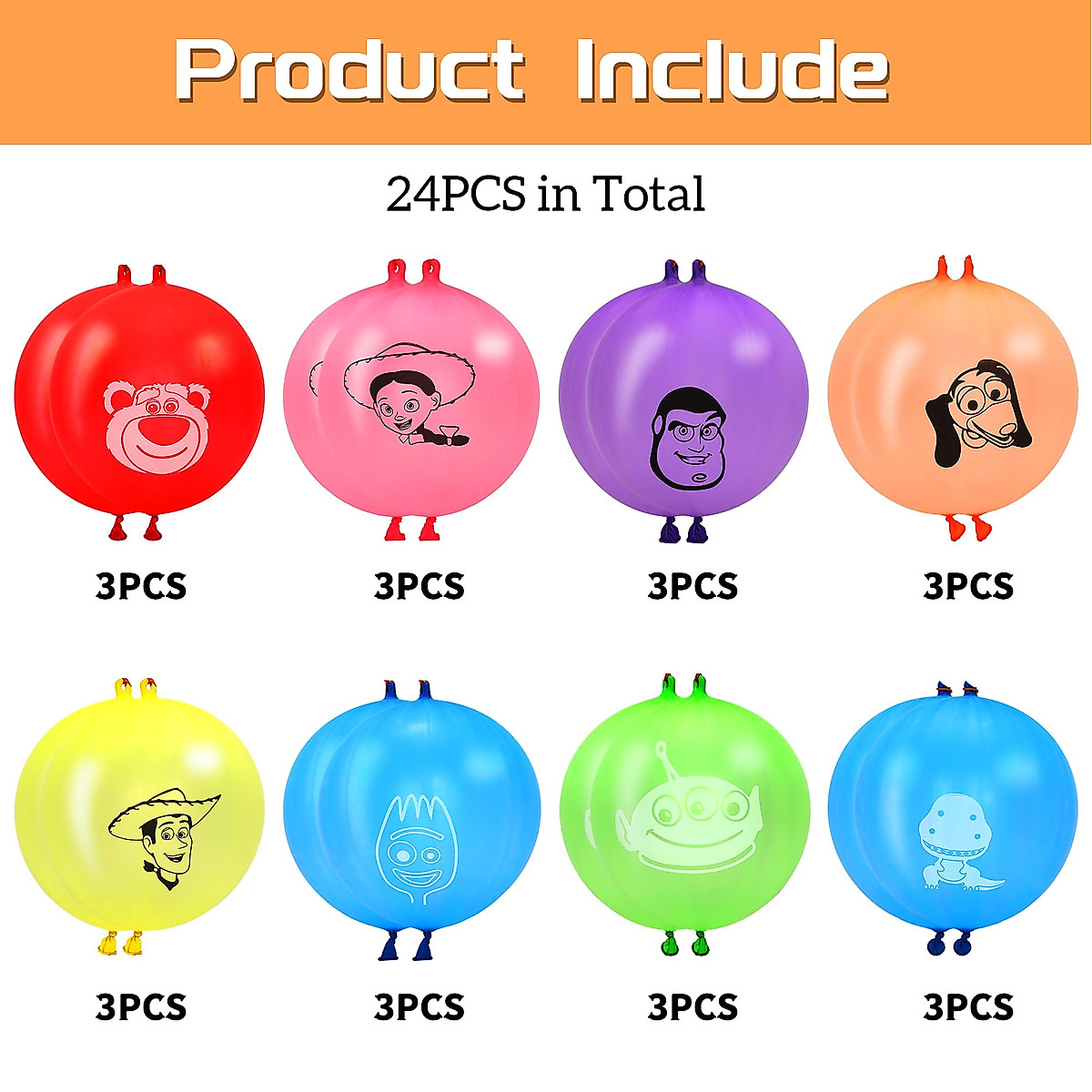 24PCS Story Party Favors Punch Balloons Latex Party Balloons with Rubber Band Handle, Toy Inspired Story Themed Party Supplies for Kids Halloween Prize Punch Game Rewards, 8 Patterns