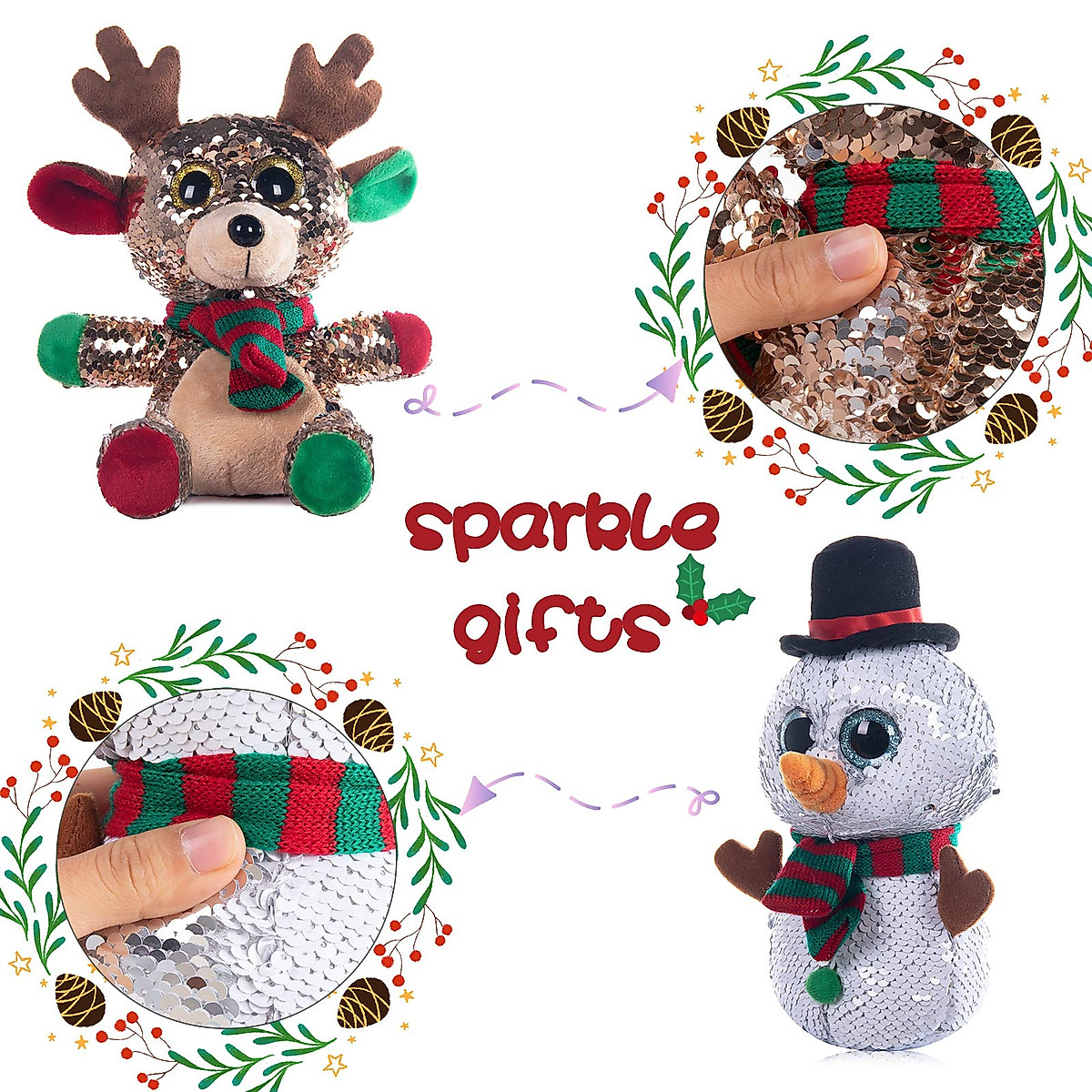 My OLi 7" Plush Christmas Stuffed Animals Flip Sequin Plush Christmas Santa Claus Penguin Snowman Reindeer Plush Toys Pack of 4 Christmas Ornaments for Kids