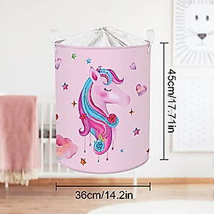 Clastyle 45L Pink Unicorn Kids Laundry Hamper Adorable Collapsible Laundry Basket with Drawstring Waterproof Toys Storage Basket with Handle, 14 * 17.7 in