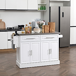 HOMCOM Rolling Kitchen Island with Storage, Portable Kitchen Cart with Stainless Steel Top, 2 Drawers, Spice, Knife and Towel Rack and Cabinets, White