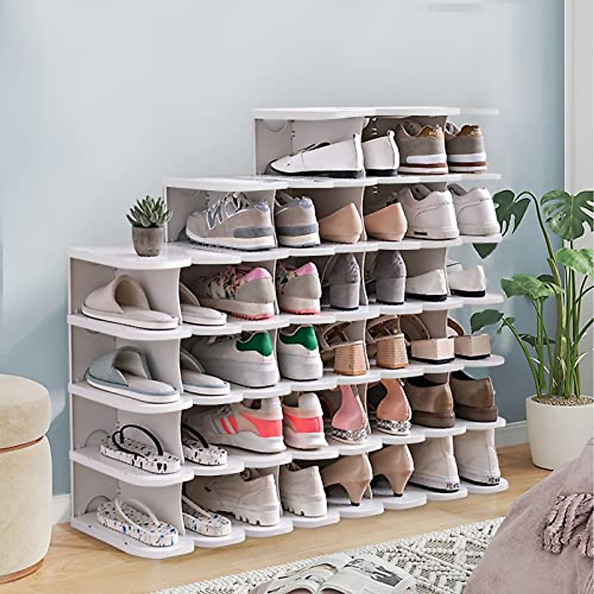 TXALWIQ 6-Tier Narrow Shoe Organizer, Adjustable Cubby Shoe Rack for Closet, Free Standing Shoe Slot Tower for Entrance, Stackable Space-Saving Shoe Storage Shelf for Entryway, White