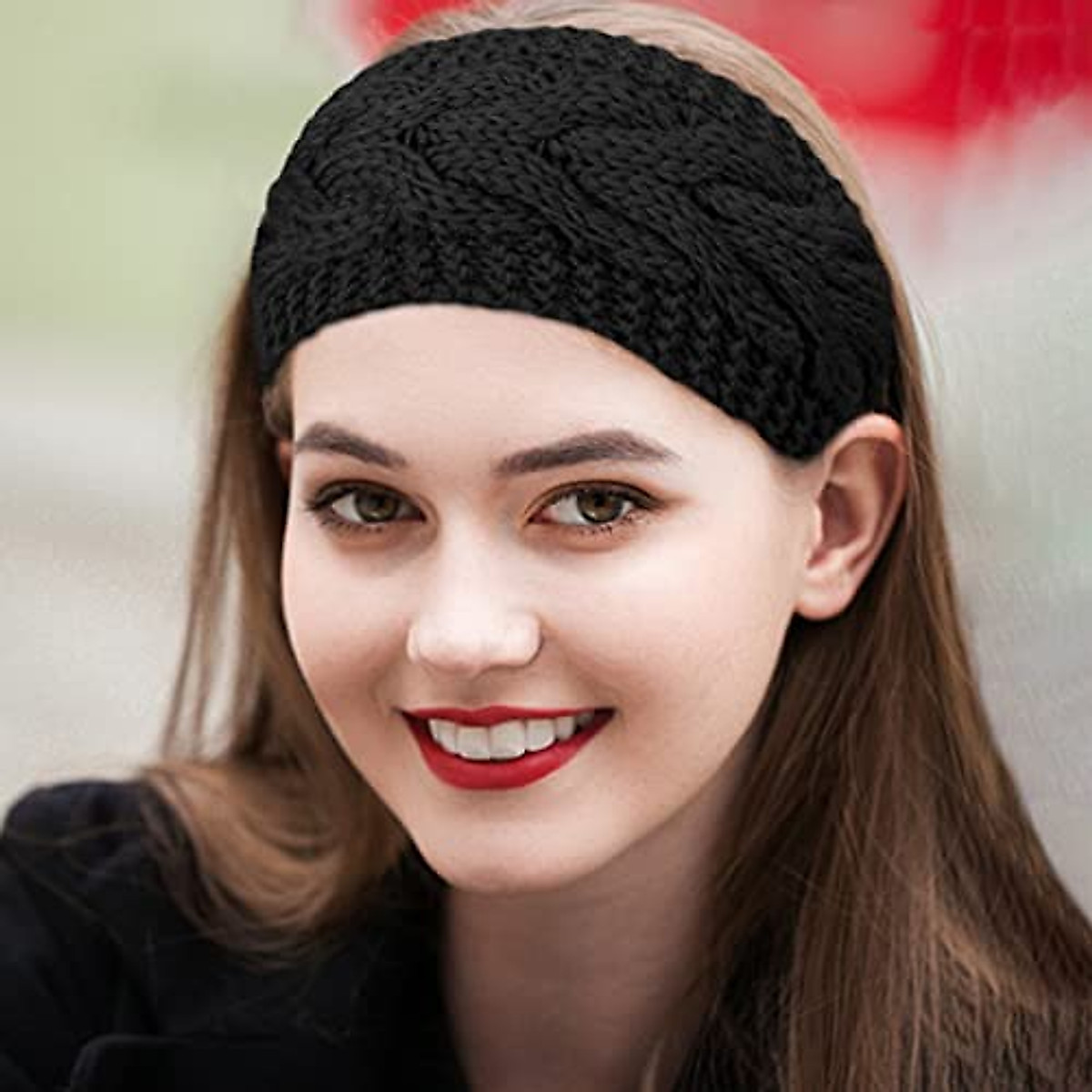 2 Pieces Womens Ear Warmer Headband Cable Knit Winter Headbands Fleece Lined Ear Warmers Stocking Stuffers Gifts,B-Black,Beige