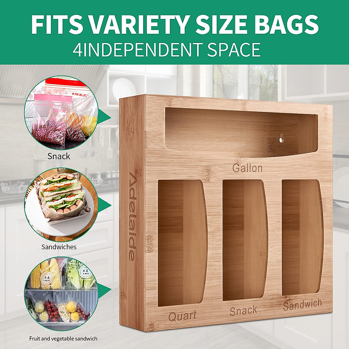 Adelaide Bag Storage Organizer for Kitchen Drawer, Bamboo Organizer, Compatible with Ziplock Gallon, Quart, Sandwich and Snack Variety Size Bag (1 Box 4 Slots)