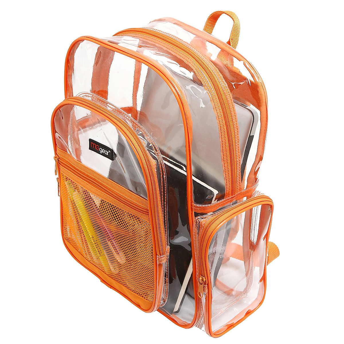 MGear 17-Inch Clear Backpack with Orange Trim, Transparent Outdoor PVC School Bag