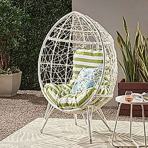Valerie Outdoor Wicker Teardrop Chair with Cushion, White and Green
