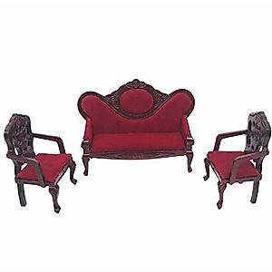 EatingBiting 1:12 Miniature Living Room Furniture Vintage Red Wooden Sofa Armchair Couch Table 3pcs Set Sofa + 2 Chairs